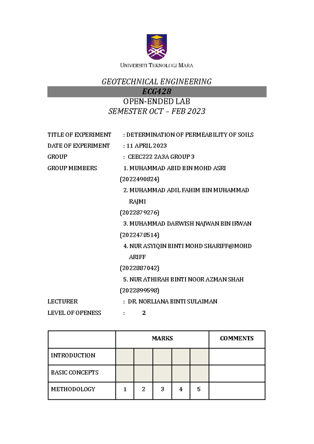 2a3a Lab5 Muhd Abid Ftgvgvg Geotechnical Engineering Ecg Open Ended Lab Semester Oct Feb 