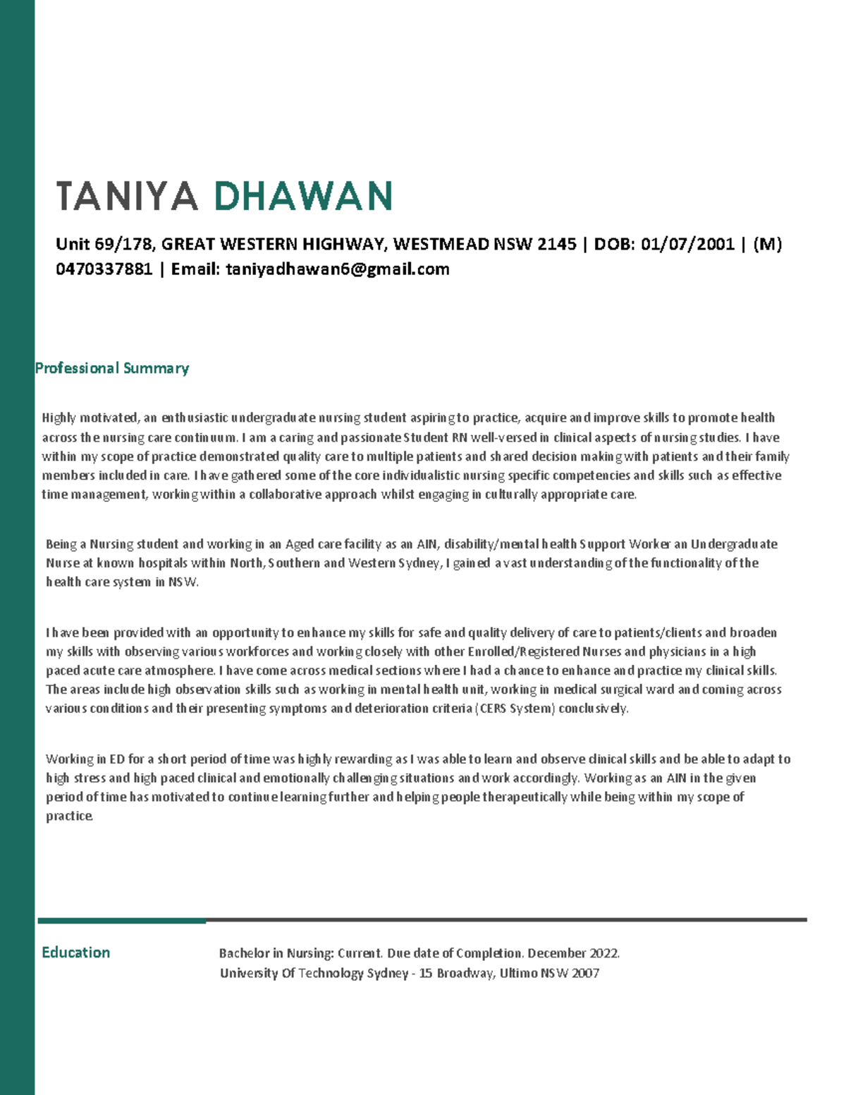 AIN resume 2022 - ggood - TANIYA DHAWAN Unit 69/178, GREAT WESTERN ...