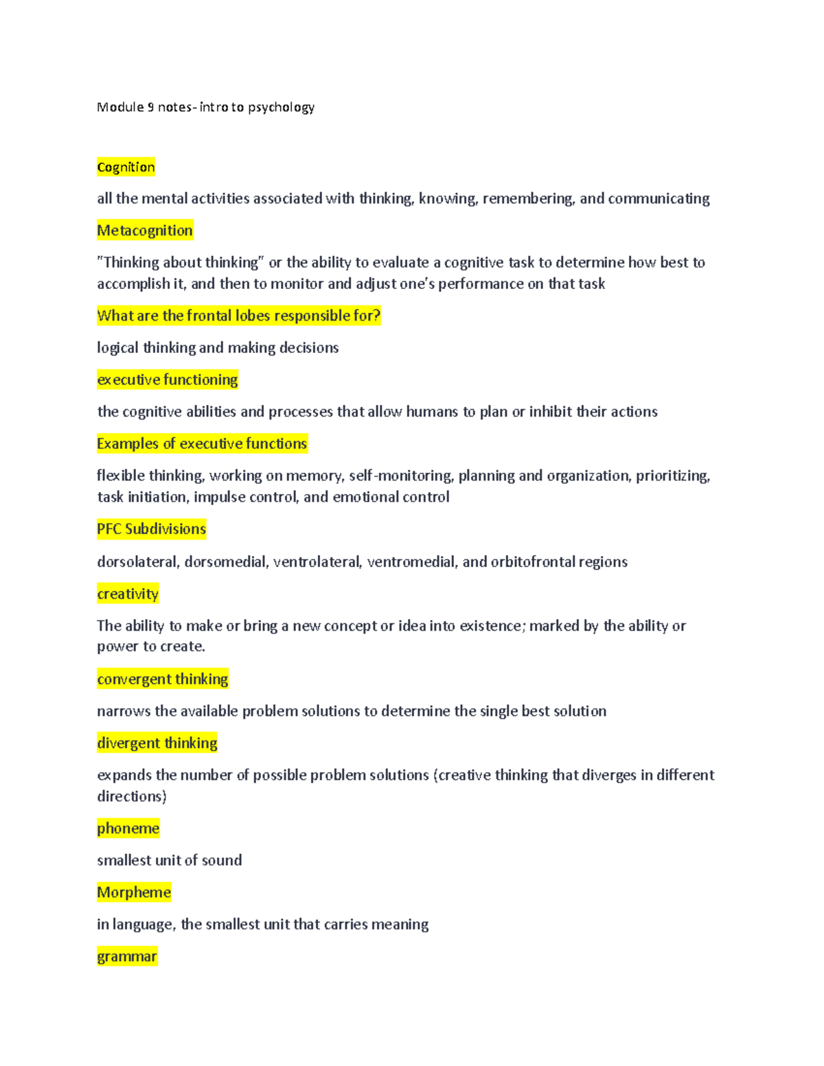 Module/Chapter 9 Notes - Module 9 notes- intro to psychology Cognition ...