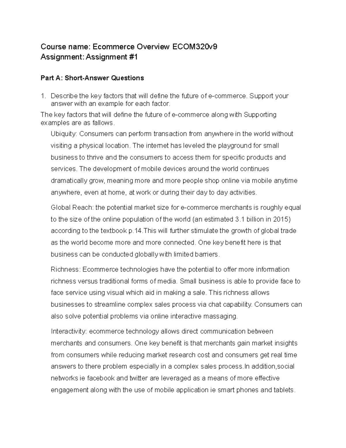 Ecommerce Overview ECOM320v9 Assignment 1 - Course name: Ecommerce ...