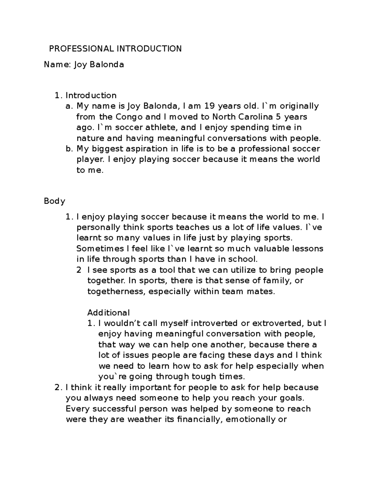 Professional Introduction - PROFESSIONAL INTRODUCTION Name: Joy Balonda ...