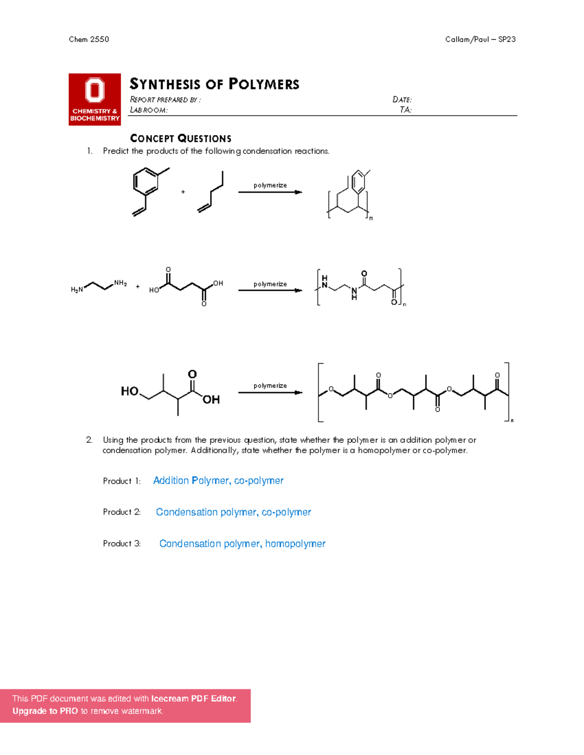 Polymers synthesis - Chem 2550 Callam/Paul – SP He can run faster than ...