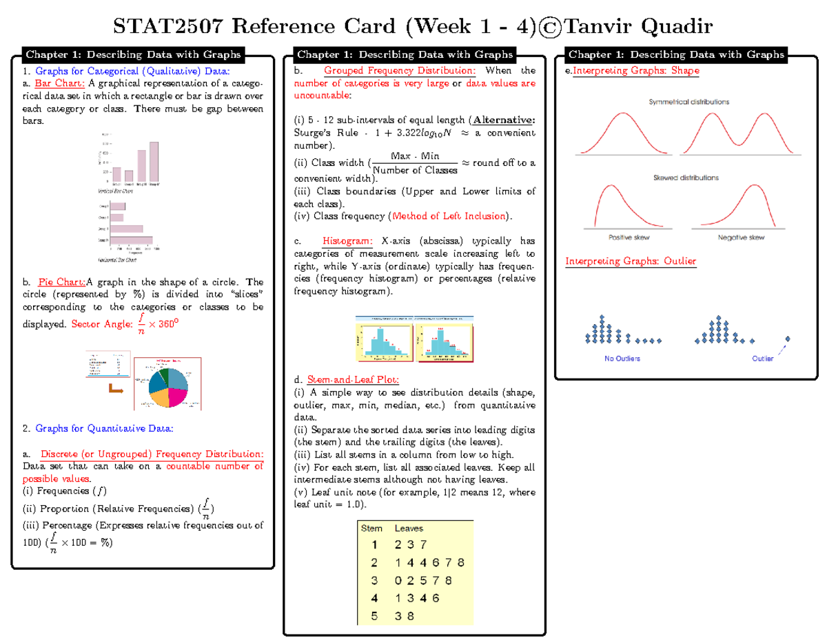 STAT2507 Reference Card - Test 1 - STAT2507 Reference Card (Week 1 - 4 ...