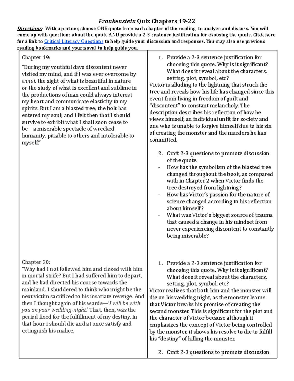 Frankenstein Reading Bookmark Chapters 19-22 - Frankenstein Quiz ...