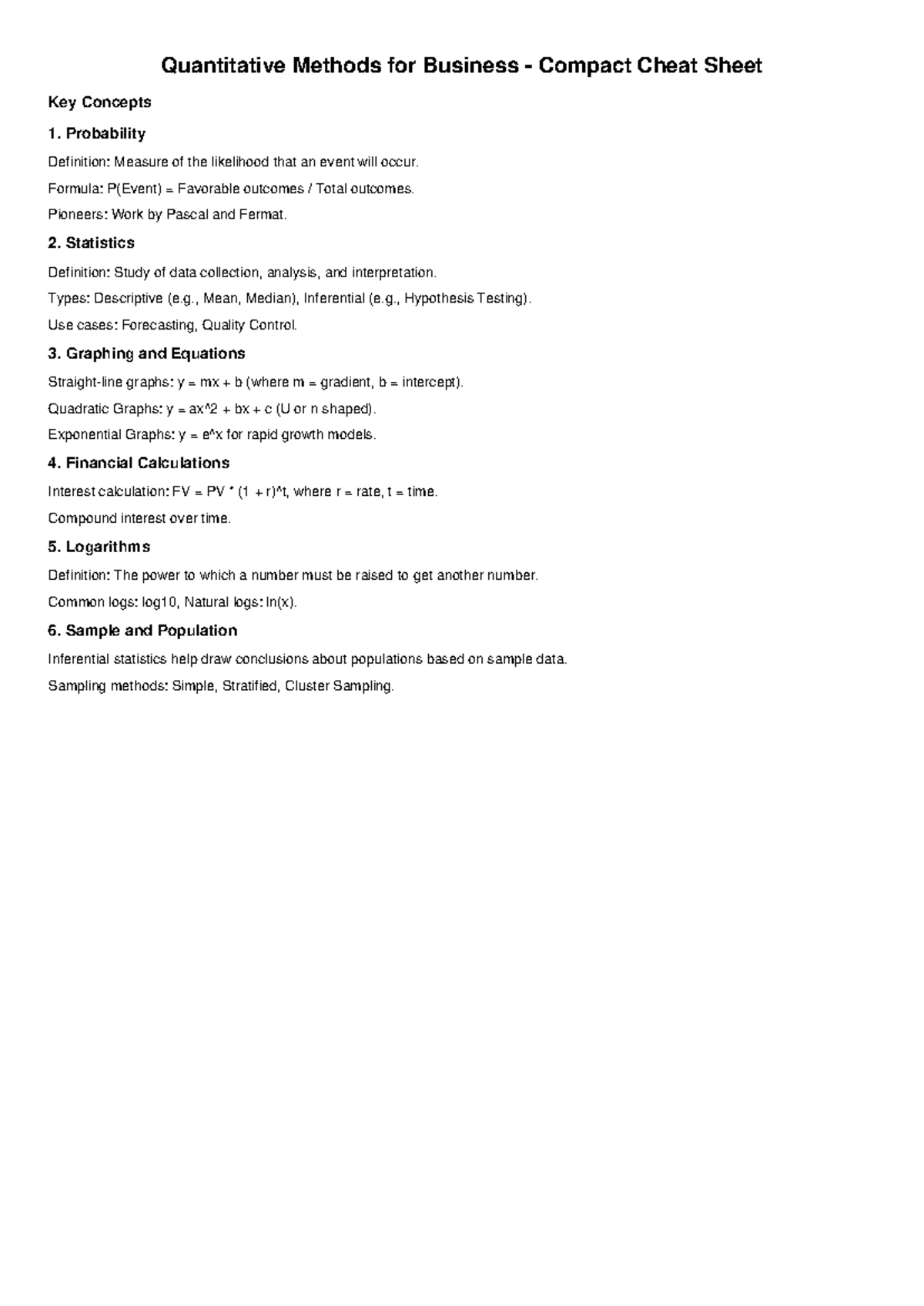 Compact quant methods cheat sheet - Quantitative Methods for Business ...