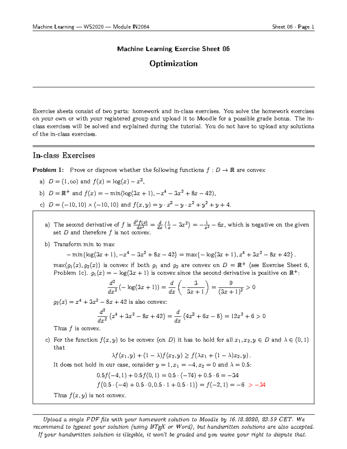 Exercise solution inclass 06 optimization - Machine Learning — WS2020 — Module IN2064 Sheet 06 ...