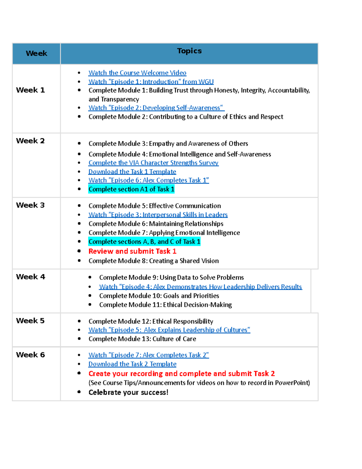 D253 Course Pacing Guide 04-23 - Week Topics Week 1 Watch the Course ...