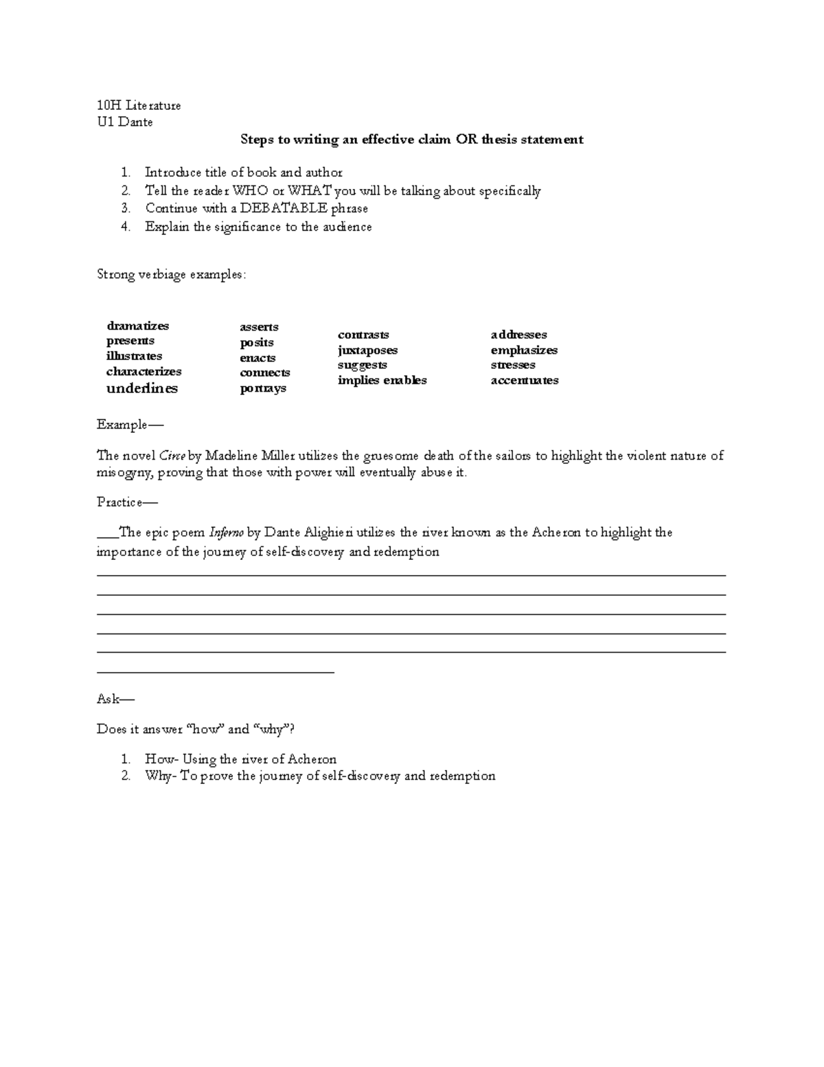 U1 Claim Thesis Rewriting - 10H Literature U1 Dante Steps to writing an ...