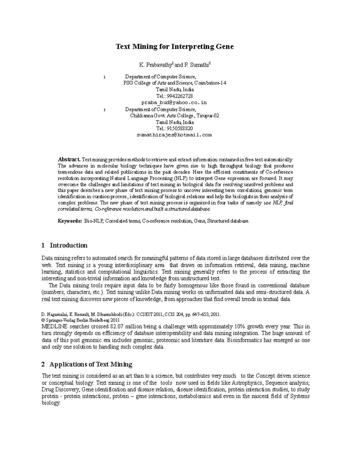 Text Mining for Interpreting Gene - Prabavathy 1 and P. Sumathi 2 1 ...