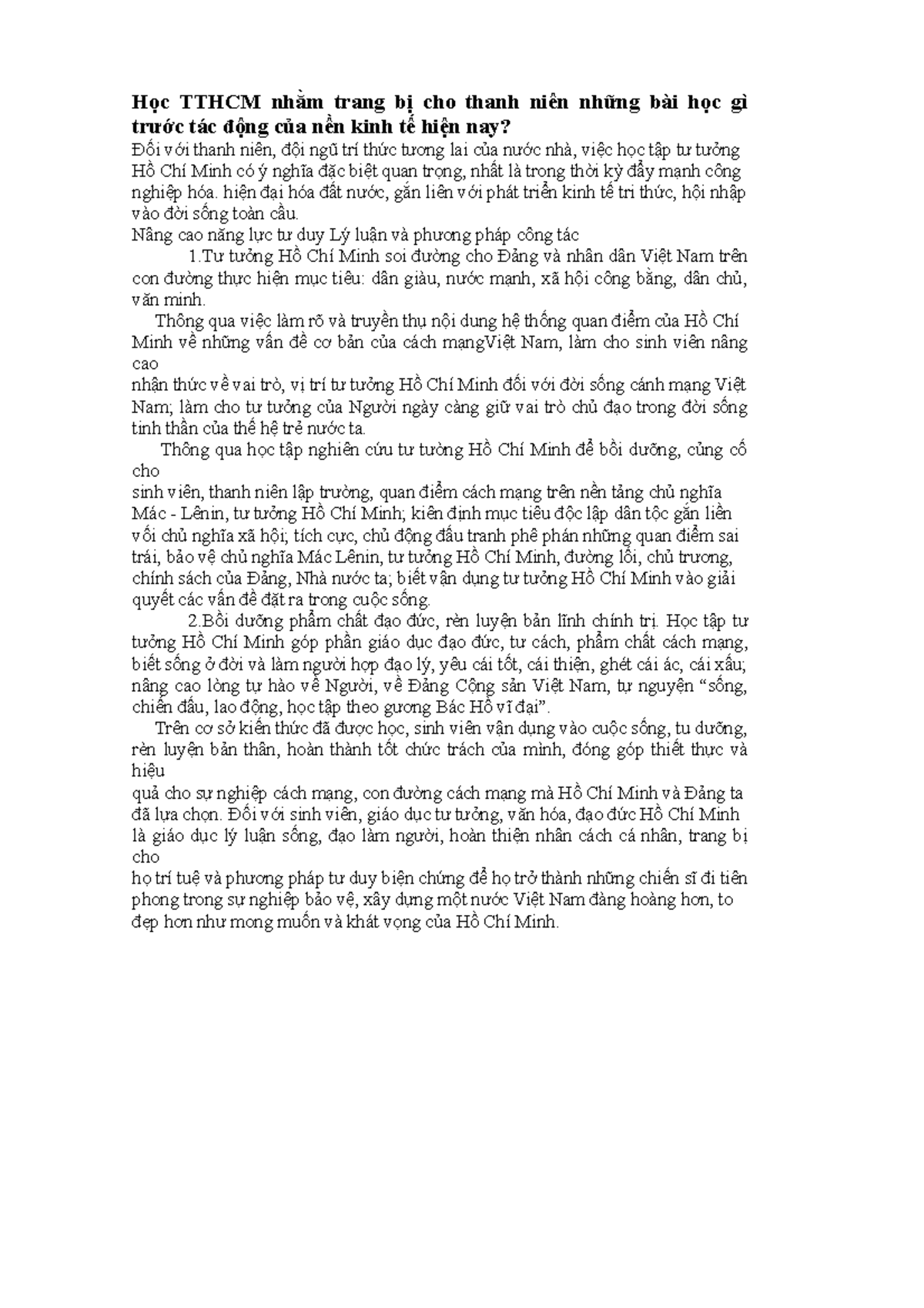 Câu 4 - cau4 tthcm - Học TTHCM nhằm trang bị cho thanh niên những bài học gì trước tác động của ...