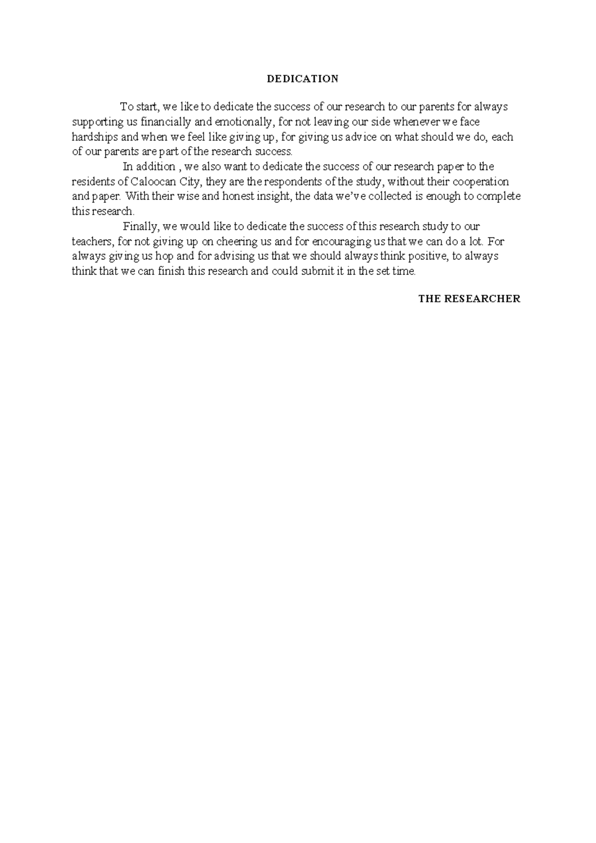 Dedication Regie - opo - DEDICATION To start, we like to dedicate the ...