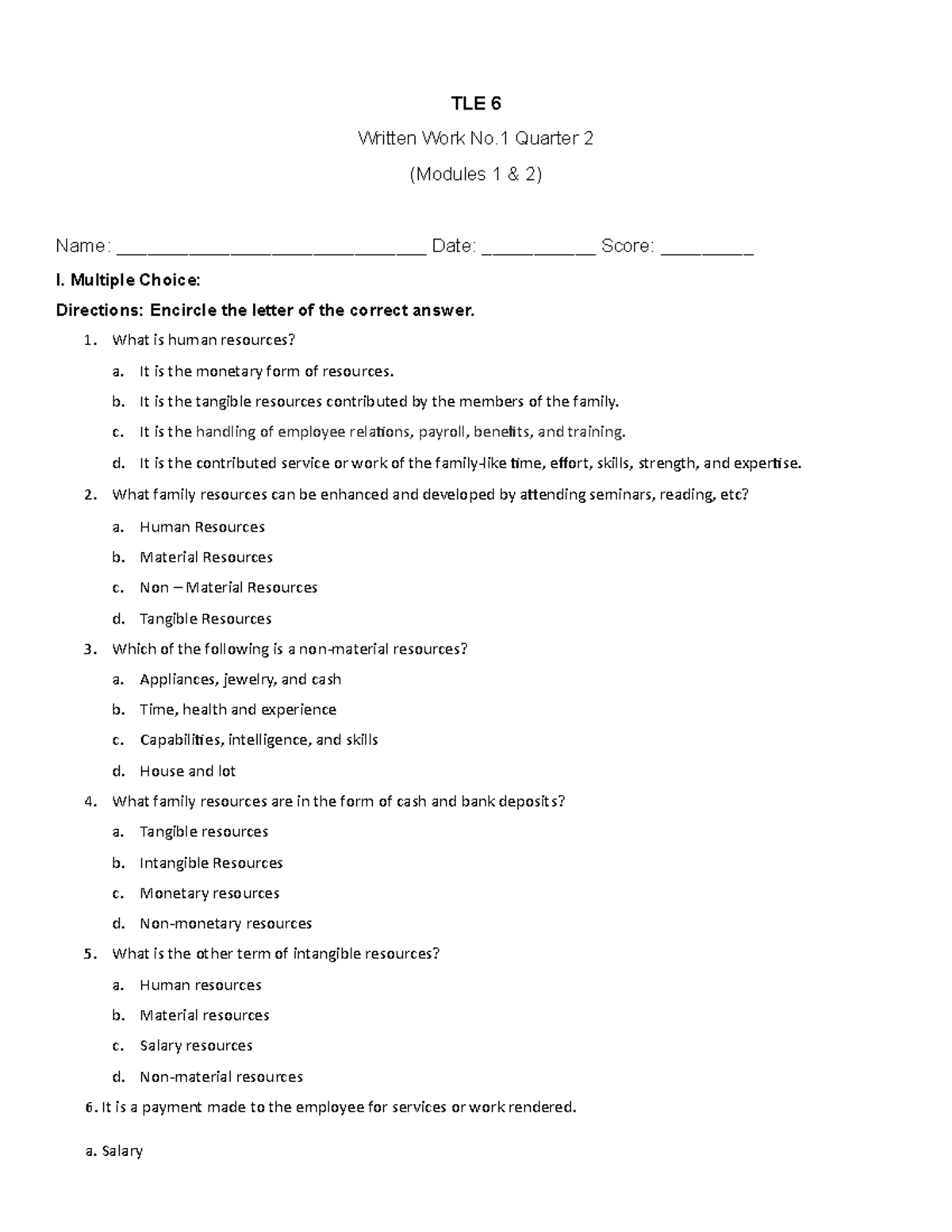 Summative Test Q2-WEEK 1&2 Technology - TLE 6 Written Work No Quarter 2 ...