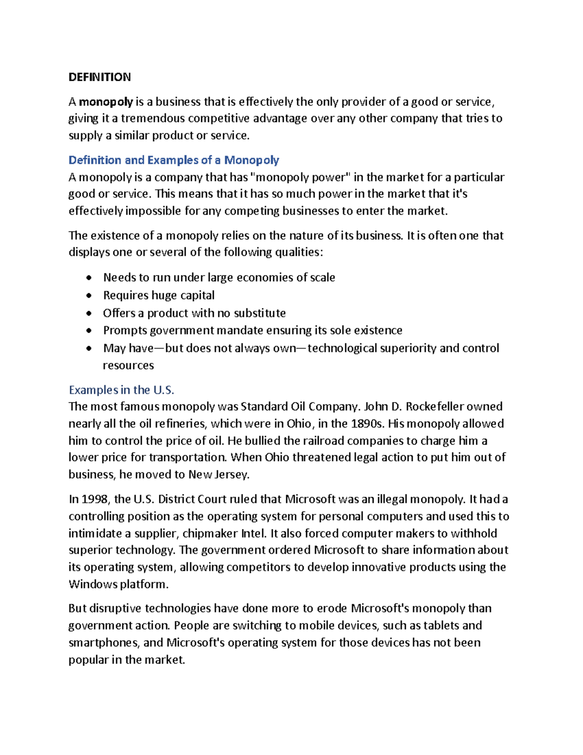 What is a monopoly - Notes - DEFINITION A monopoly is a business that ...
