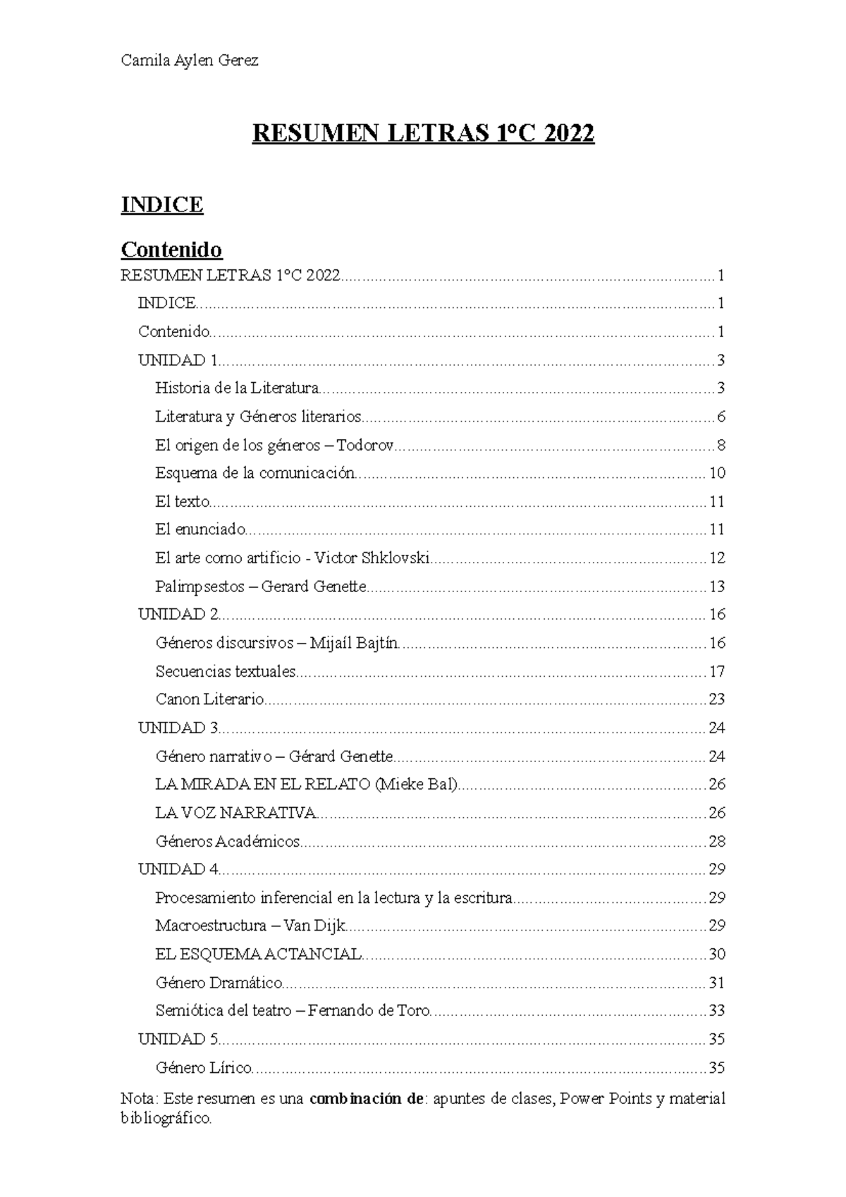 Resumen Letras 1 - INDICE UNIDAD - Studocu