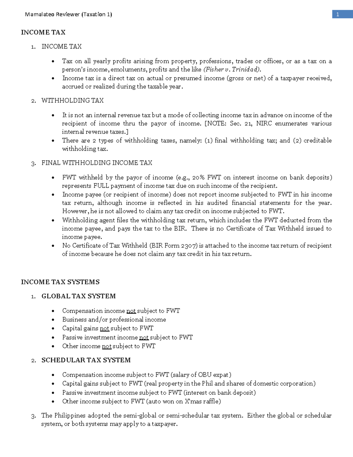 Dlscrib - Review - INCOME TAX 1. INCOME TAX Tax on all yearly profits ...