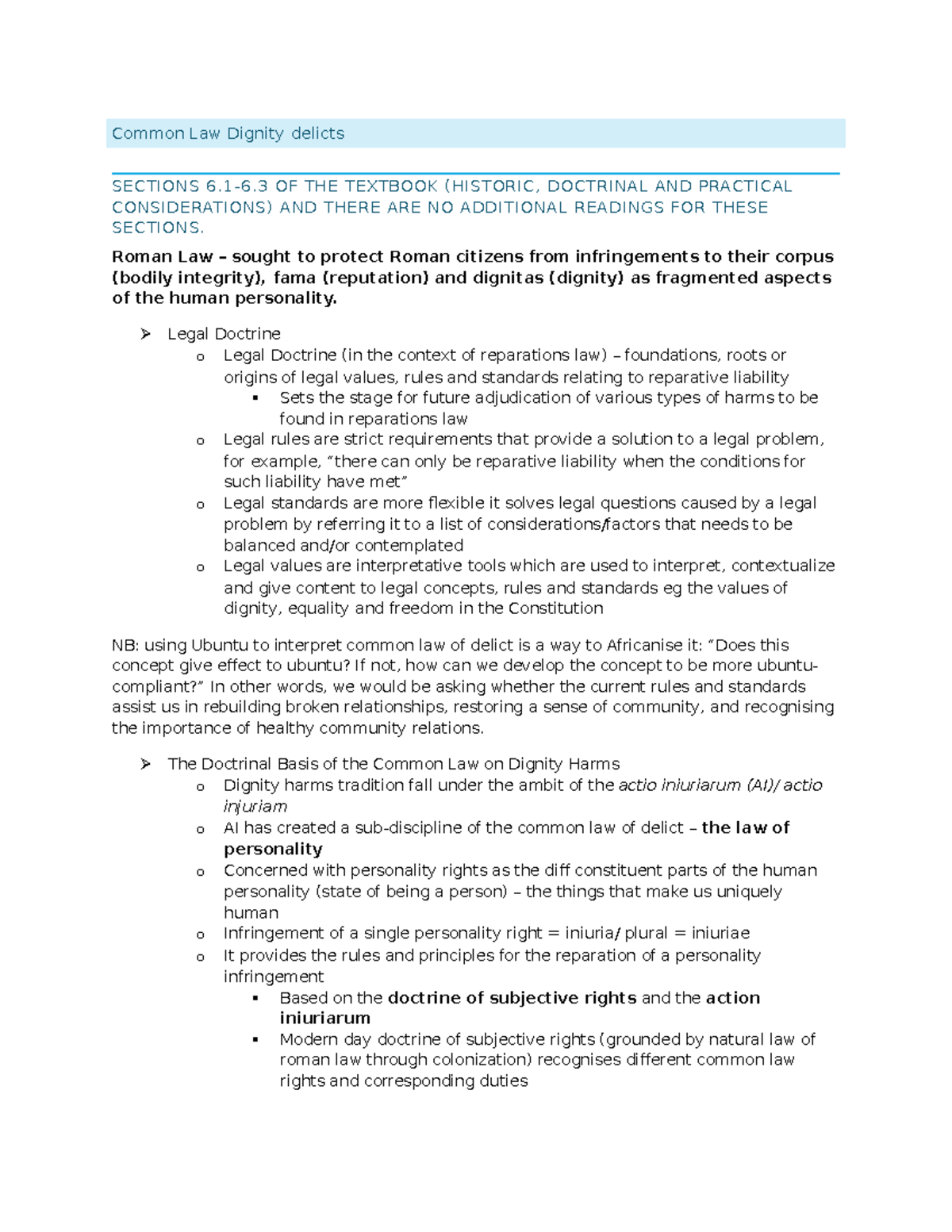 LAWS3041 - Common Law Dignity delicts - Common Law Dignity delicts ...