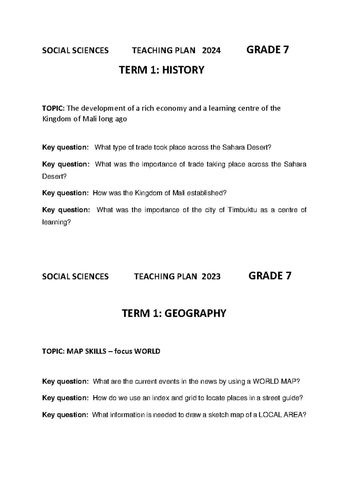 2024 Term 1 Grade 7 History and Geograhy Key questions - SOCIAL ...