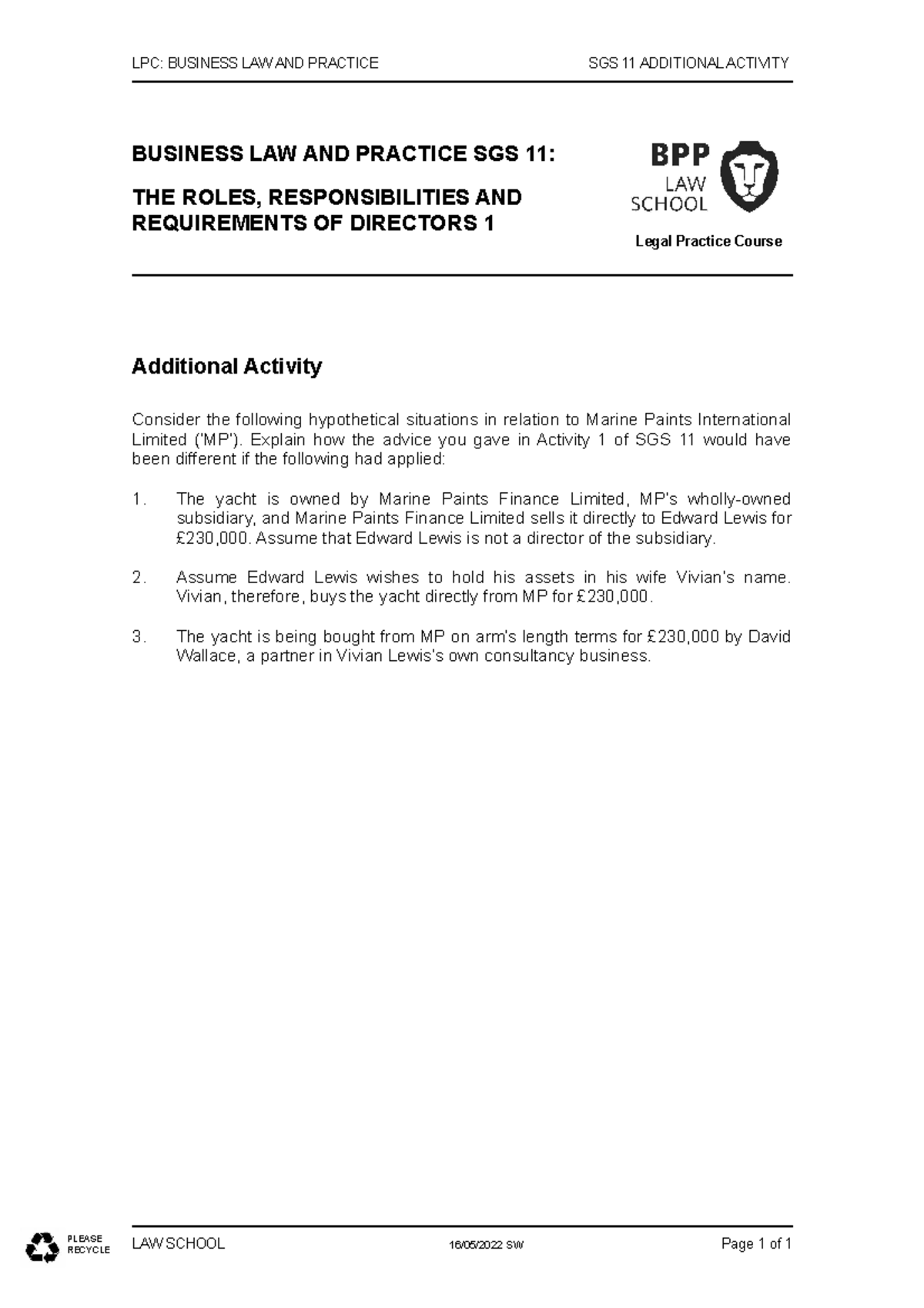 BLP SGS 11 Additional Activity 2022-23 - LPC: BUSINESS LAW AND PRACTICE SGS 11 ADDITIONAL ...