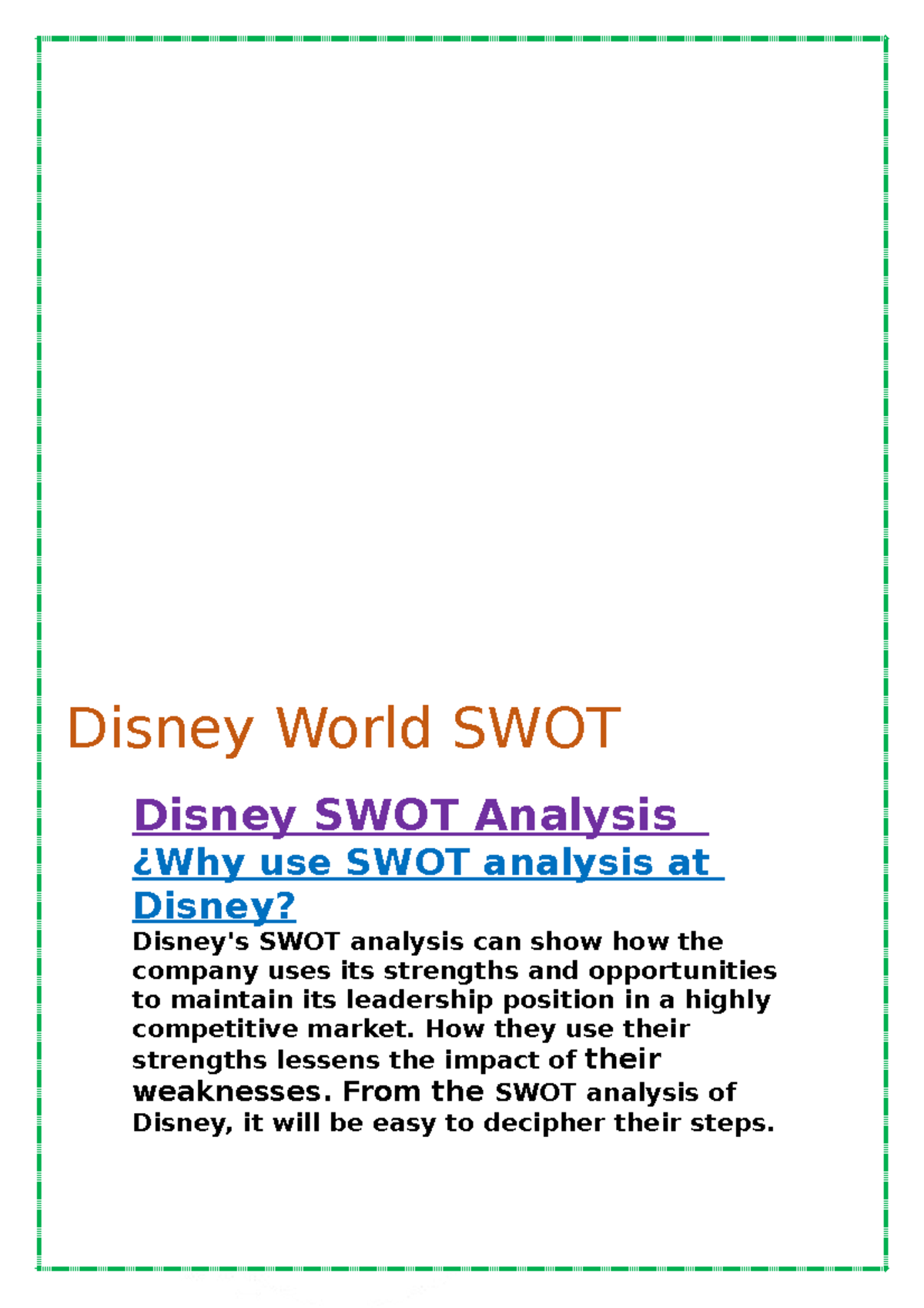 Disney SWOT Analysis - Disney SWOT Analysis ¿Why use SWOT analysis at ...