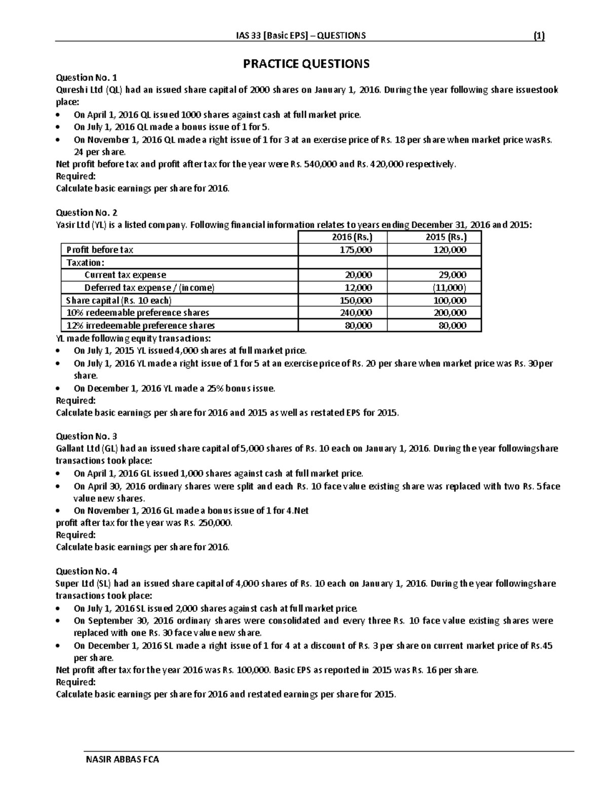 IAS 33 Basic EPS Class Practice Questions IAS 33 Basic EPS
