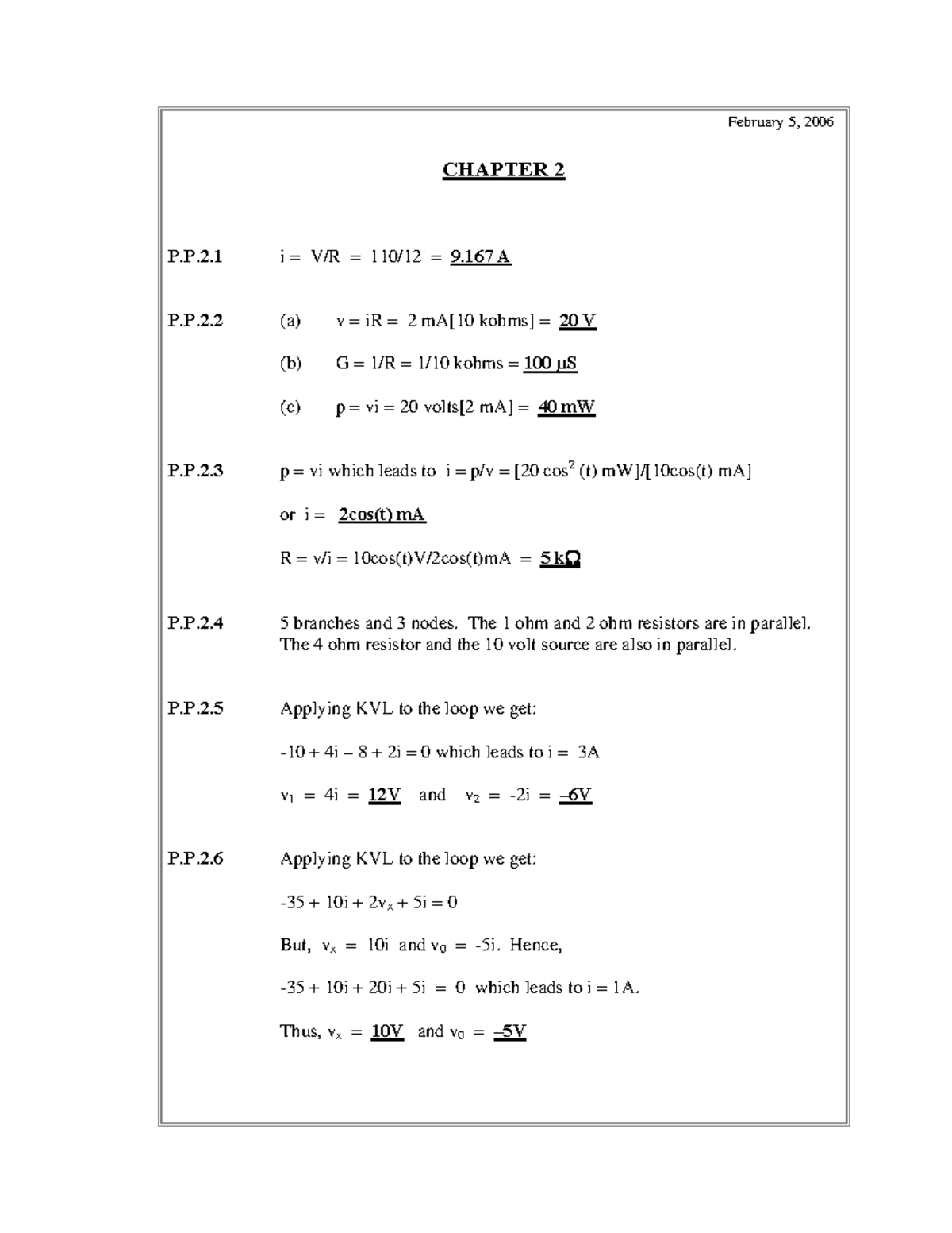 Chapt 02 - ECA NOTES - February 5, 2006 CHAPTER 2 P.P.2 i = V/R = 110/ ...