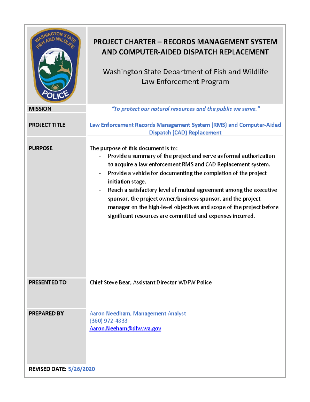 Gate 2 Deliverable - RMS and CAD Project Charter v2 - PROJECT CHARTER ...