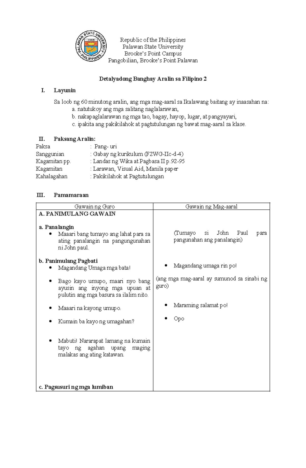 Detailed Lesson Plan Filipino 2 - Republic of the Philippines Palawan ...