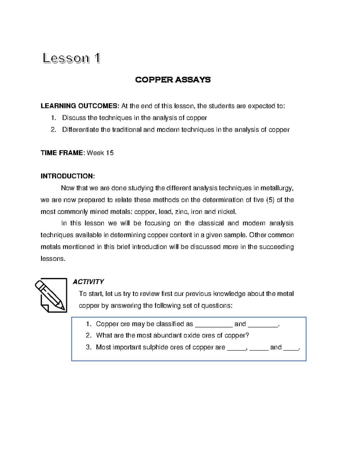 Lesson 1 Copper Assay - Mining Engineering Ventilation Abstraction ...