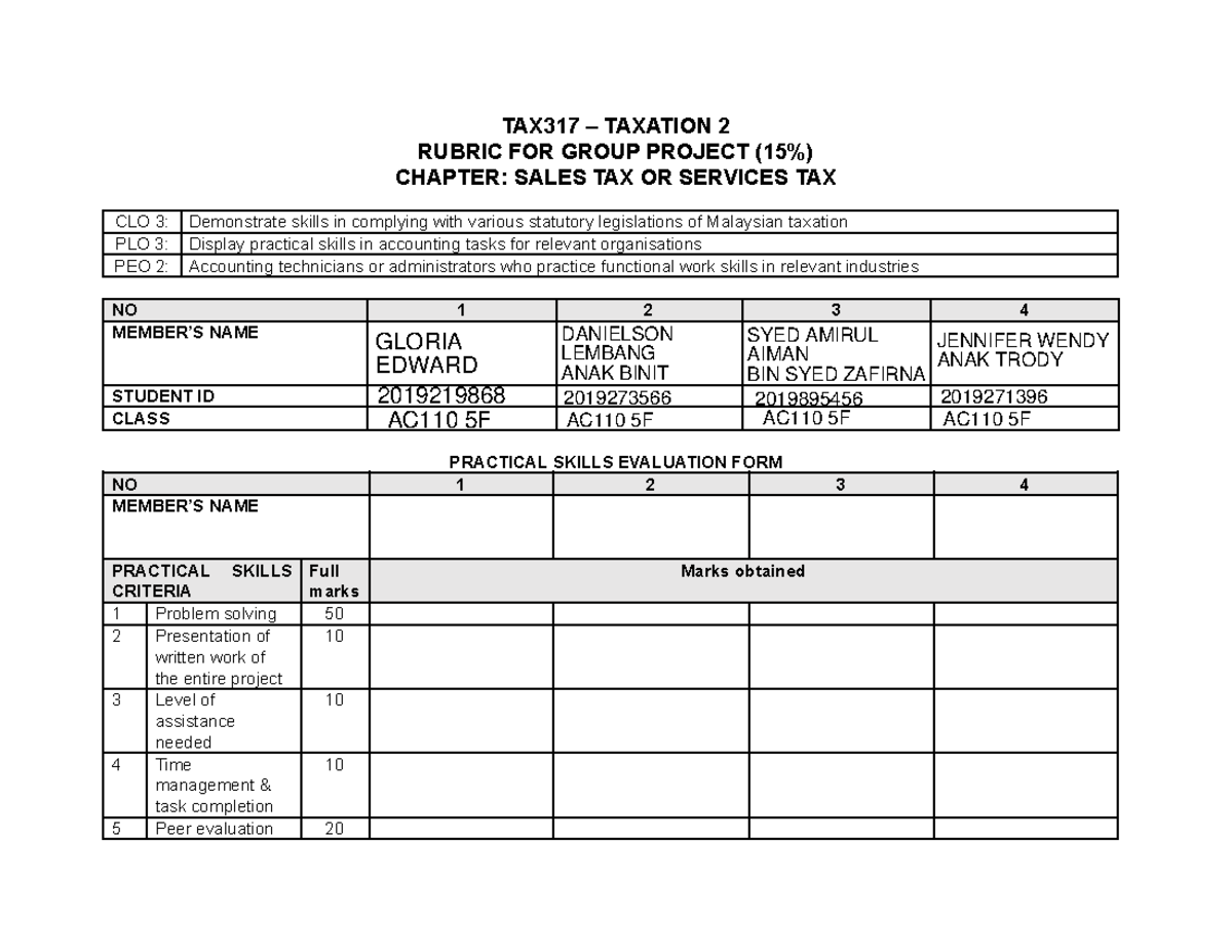TAX317 Group Project Rubric - TAX317 – TAXATION 2 RUBRIC FOR GROUP ...