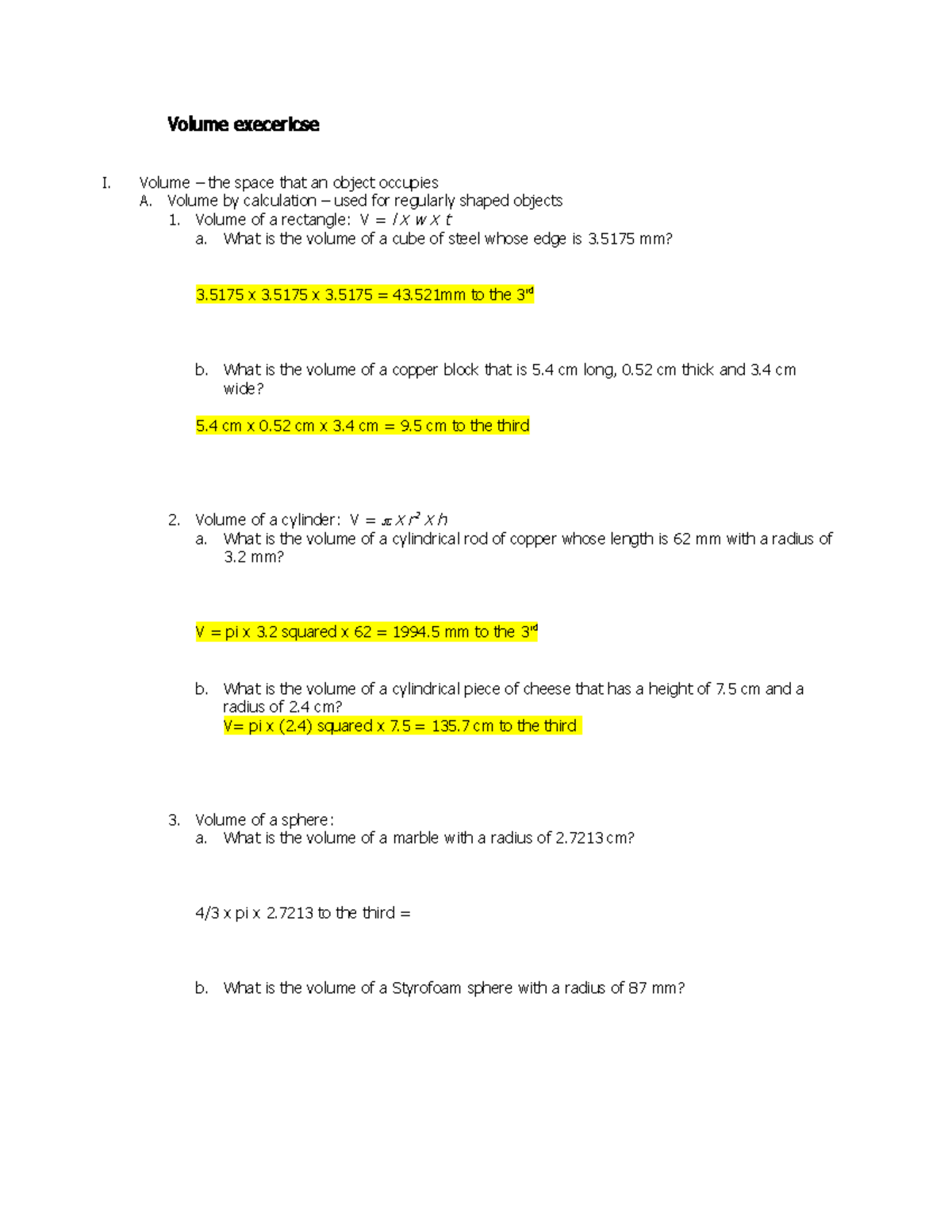 Ch2-volume exercise - study materials - Volume execericse I. Volume ...