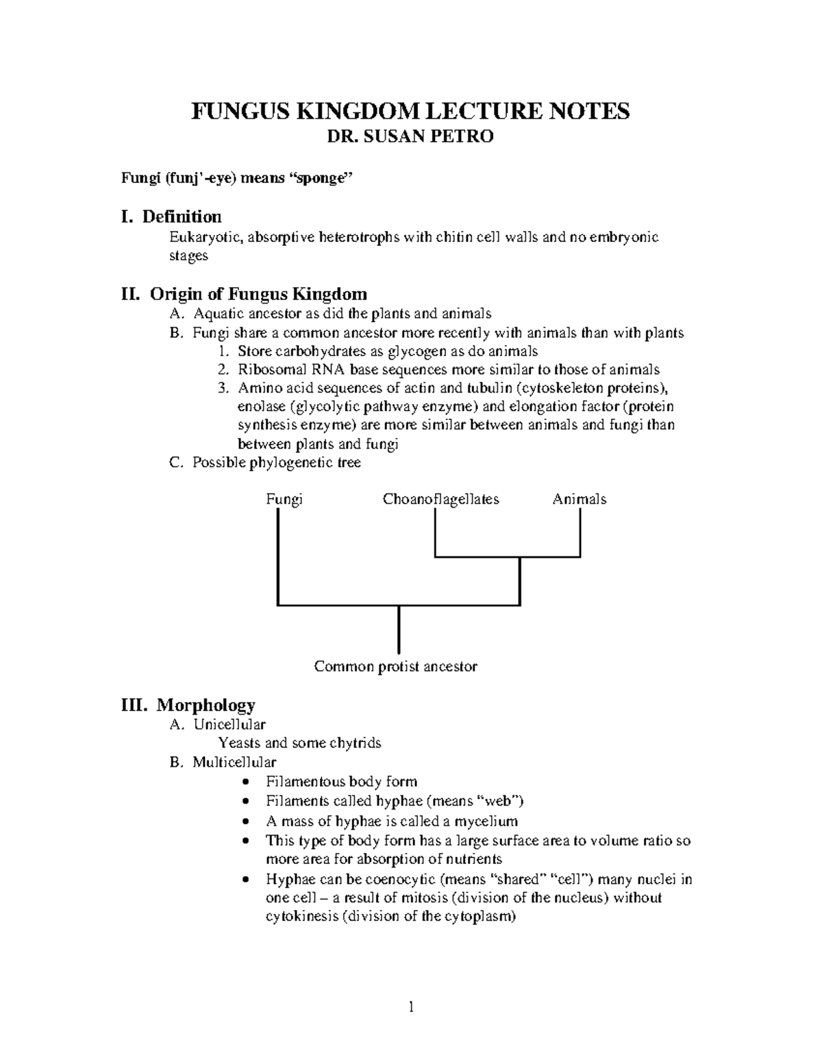 Toaz - Rfccccn - FUNGUS KINGDOM LECTURE NOTES DR. SUSAN PETRO Fungi ...