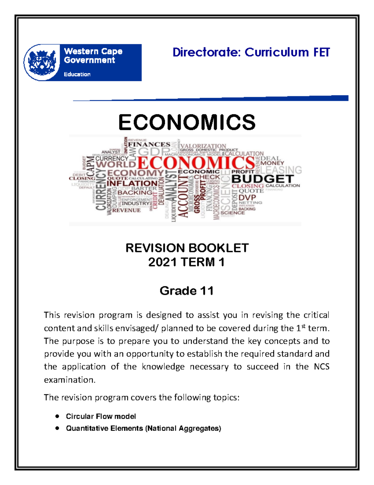 Economics Grade 11 Revision Term 1 2021 - Directorate: Curriculum FET ...