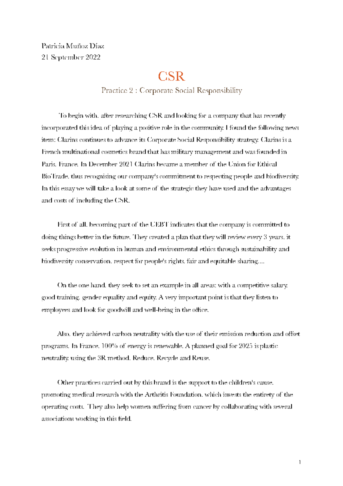 Essay 1 - Patricia Muñoz Díaz 21 September 2022 CSR Practice 2 ...