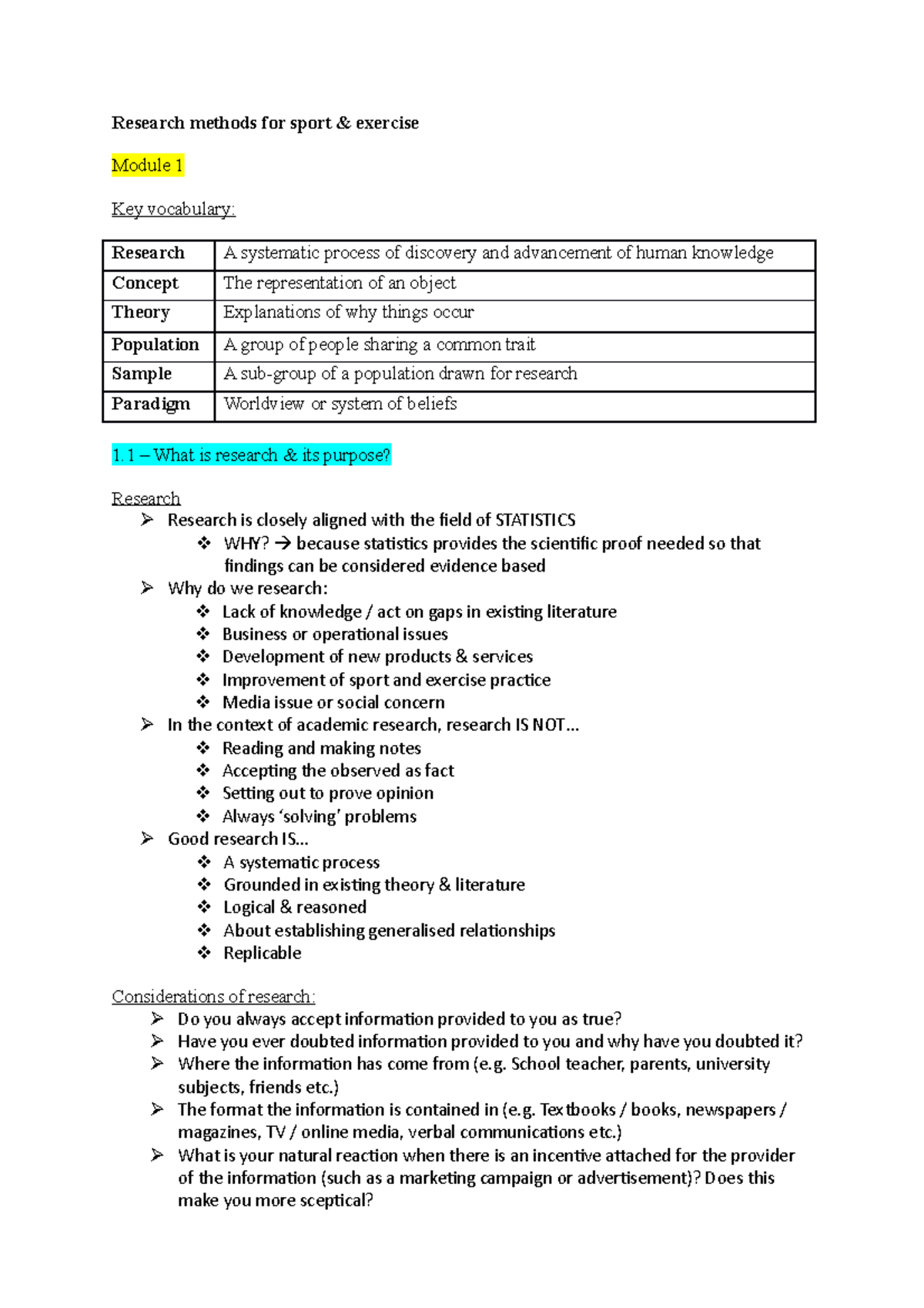 Notes - Research methods for sport & exercise Module 1 Key vocabulary ...