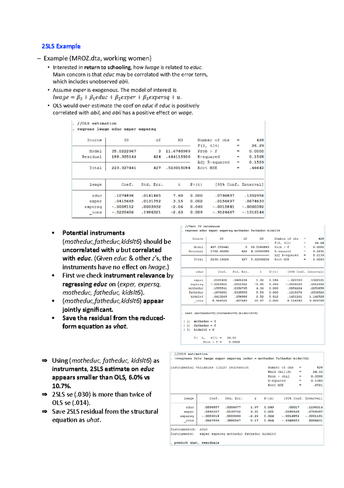 2SLS Example - econ3208 notes - 2SLS Example Potential instruments ...