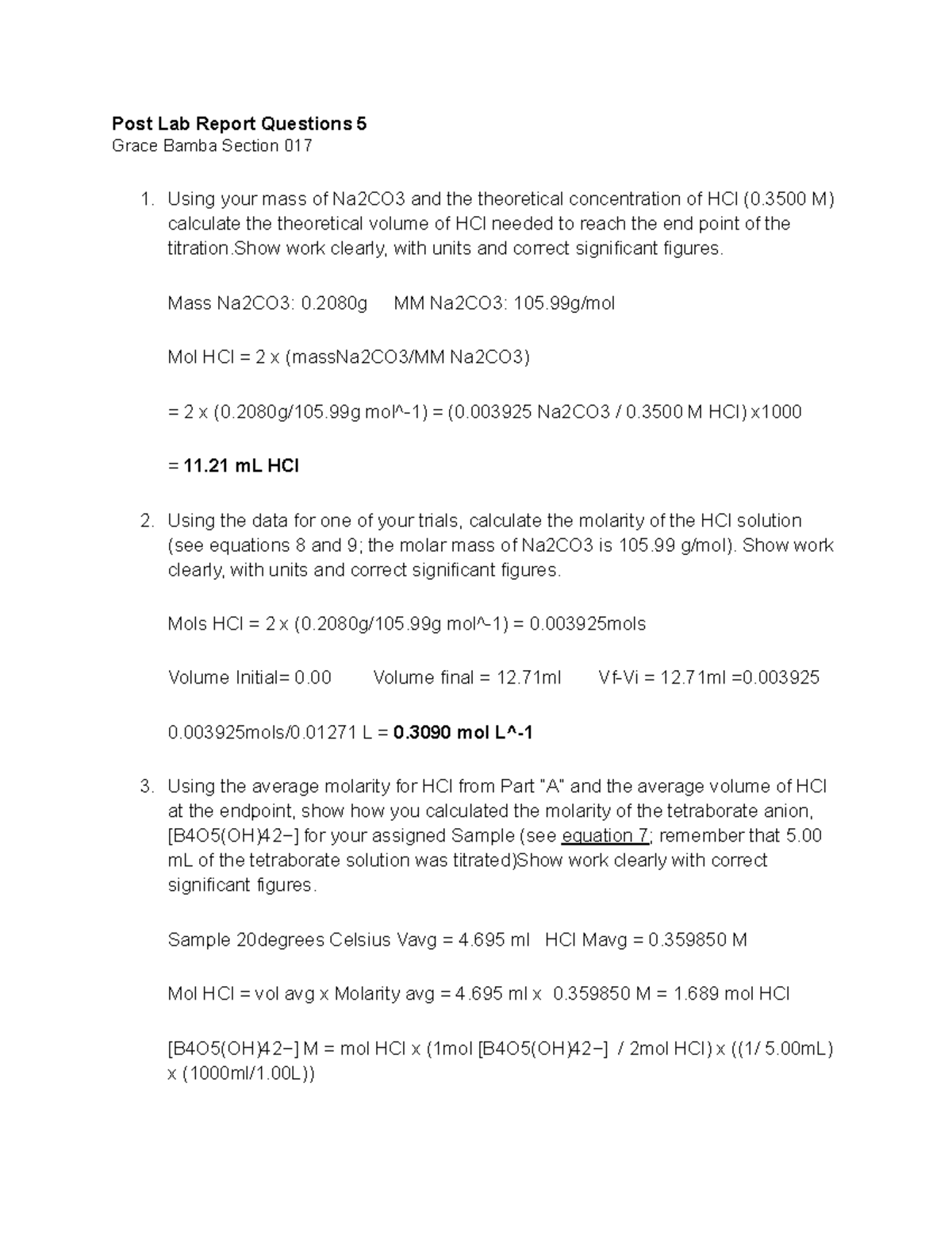 Post Lab Report 5 Gibbs Free Energy - Post Lab Report Questions 5 Grace Bamba Section 017 Using ...