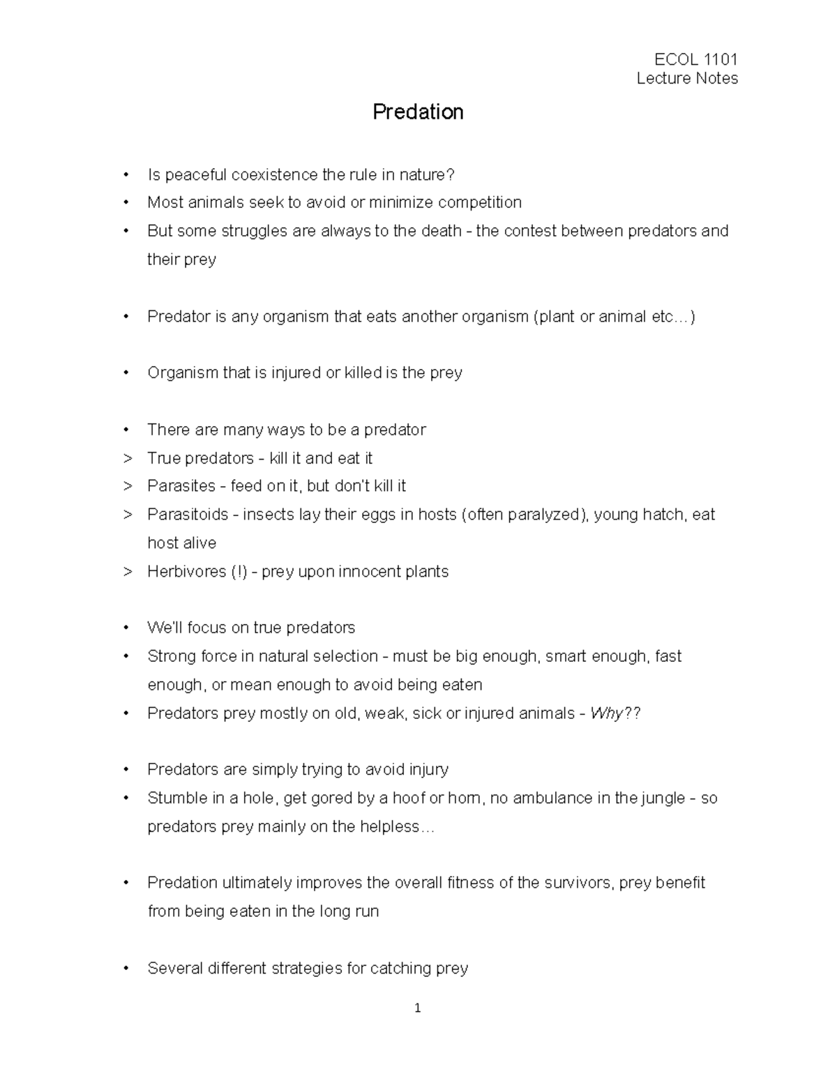 2021 ECOL 1101 Ecology Lecture Notes Predation - Lecture Notes ...