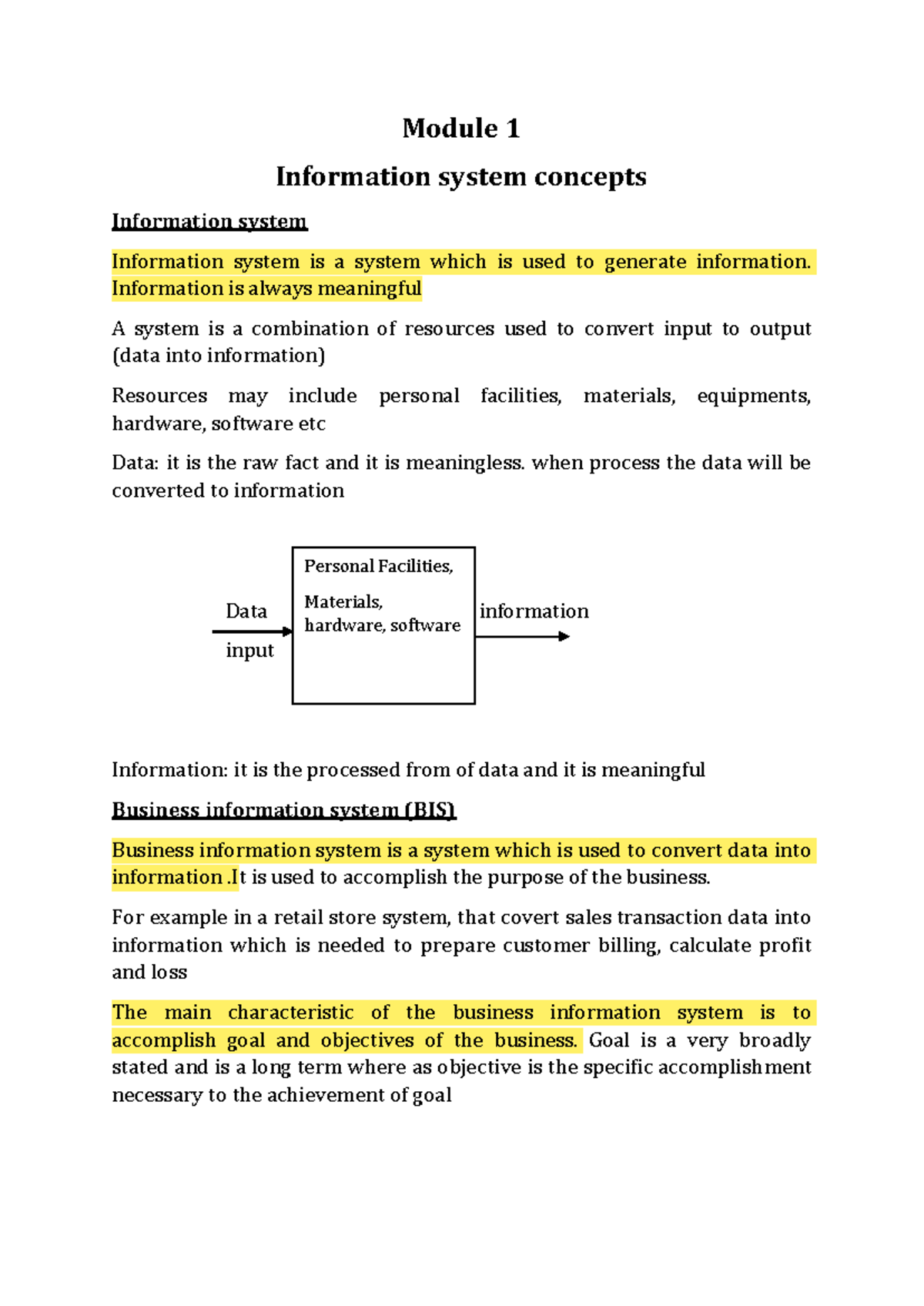 Sesa module 1 short - Module 1 Information system concepts Information system Information system ...