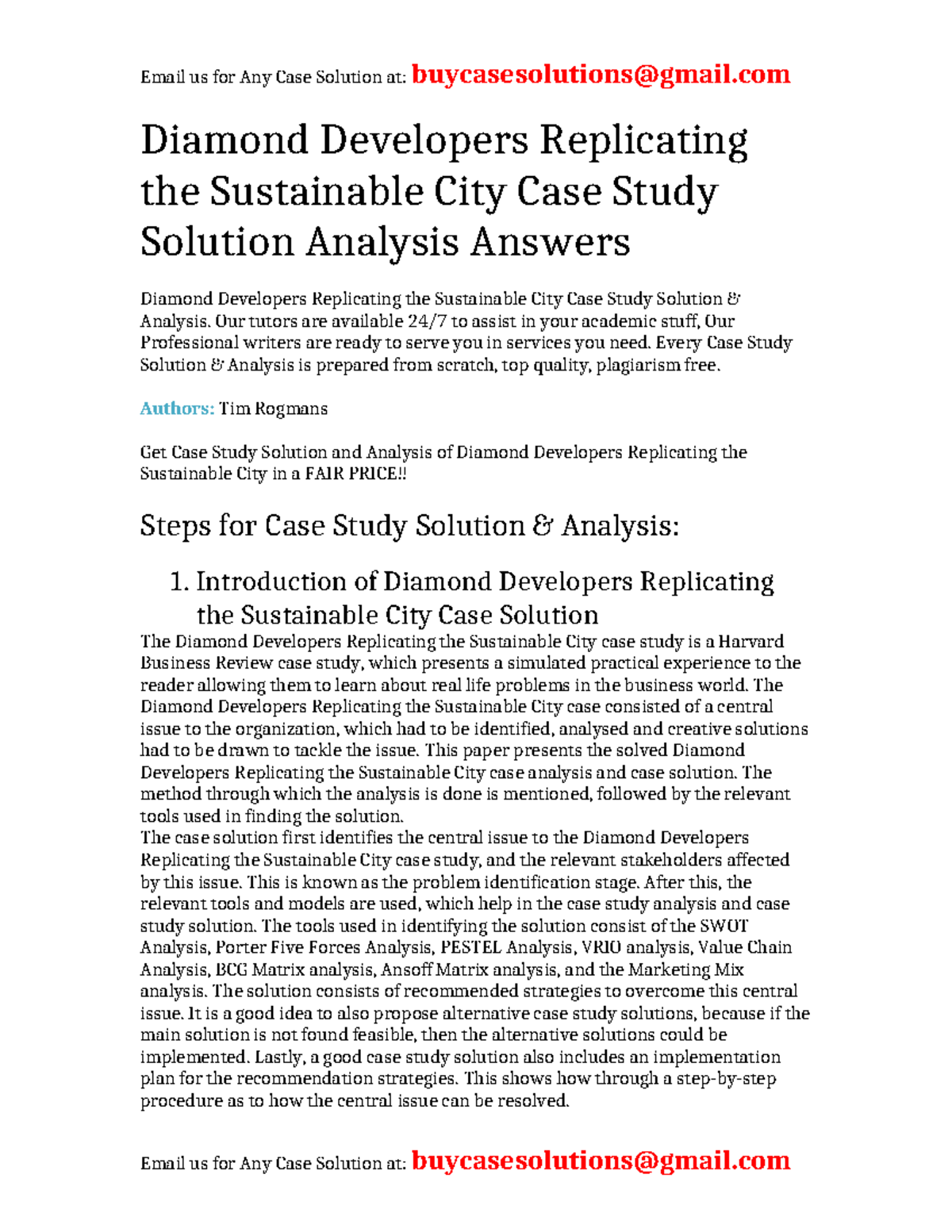 Case Solution Diamond Developers Replicating the Sustainable City ...