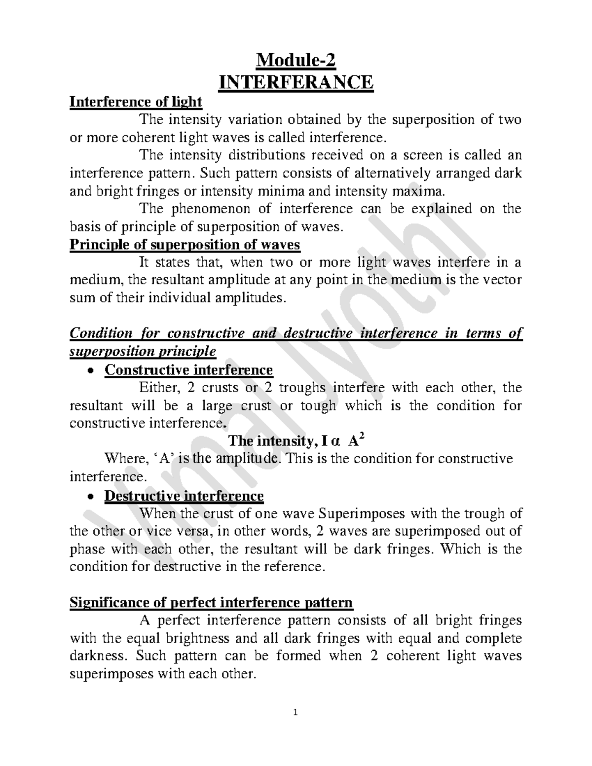 Interference AND Difraction - Module- INTERFERANCE Interference of ...