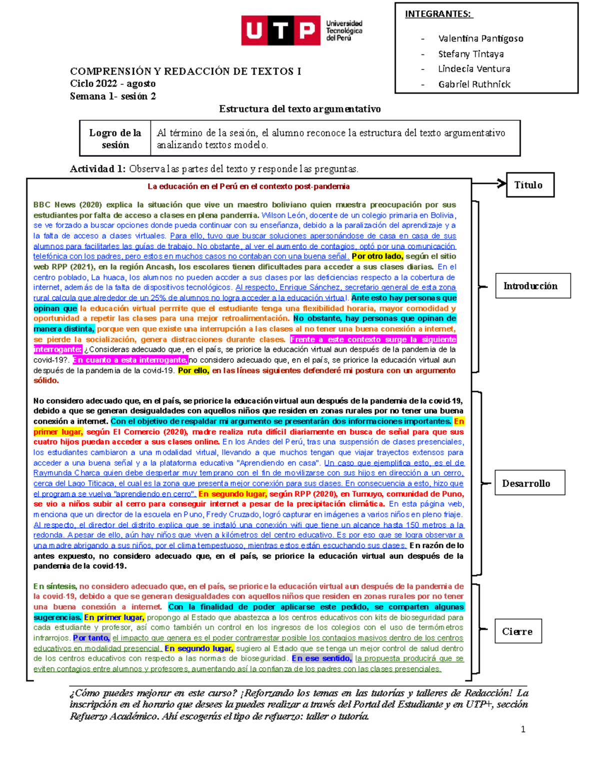 S01.s2- tarea de Estructura del texto argumentativo - COMPRENSIÓN Y REDACCIÓN DE TEXTOS I Ciclo ...
