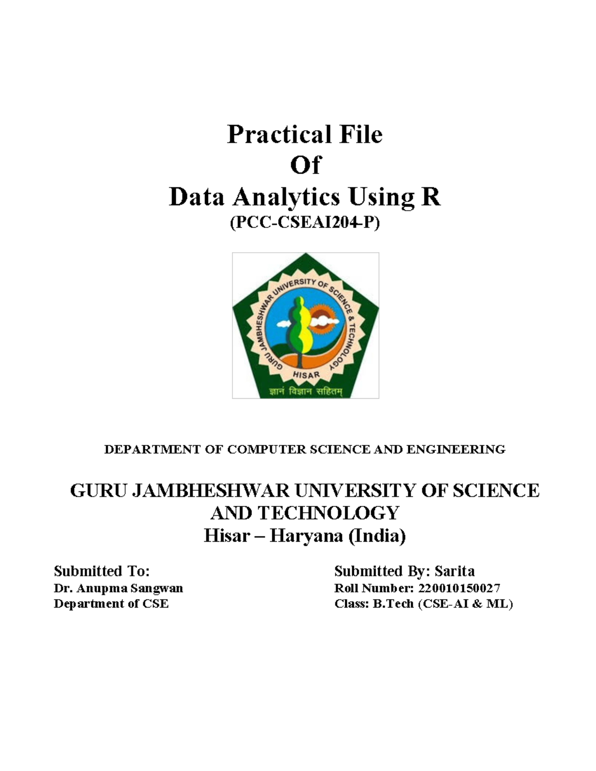 DA Practical file - Practical File Of Data Analytics Using R (PCC ...