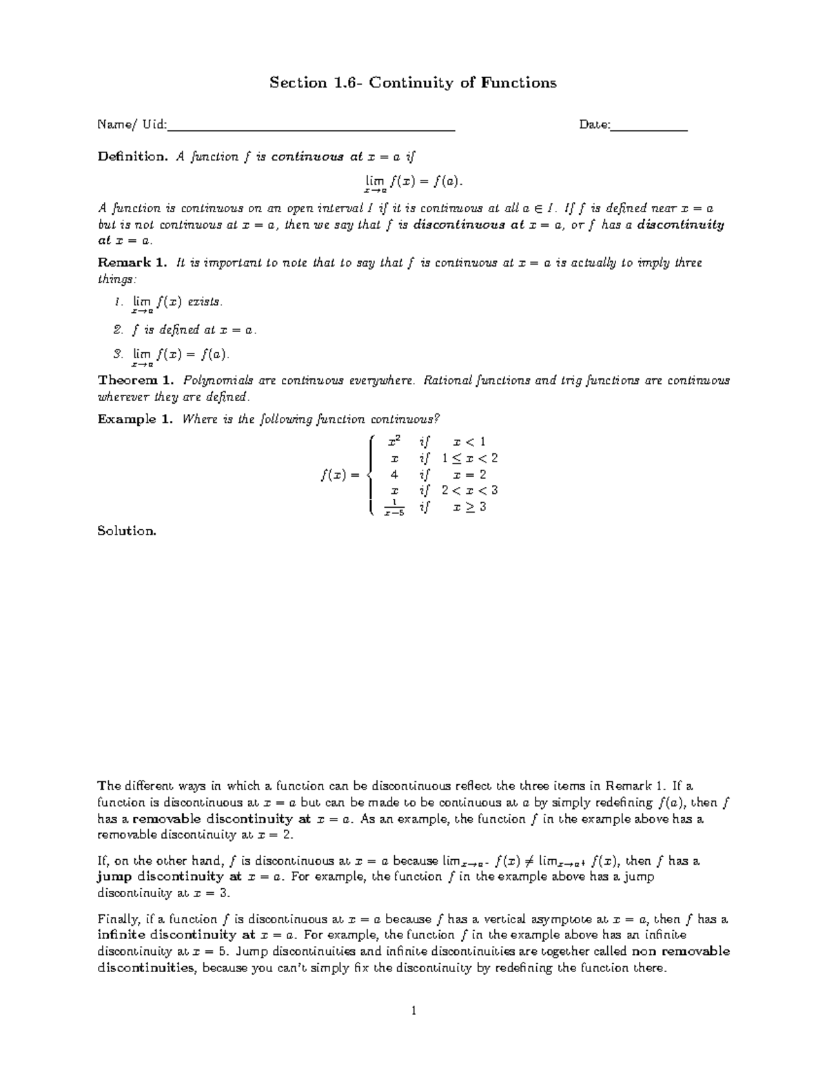 1 - free - Section 1- Continuity of Functions Name/ Uid: Date: Definition. A function f is - Studocu