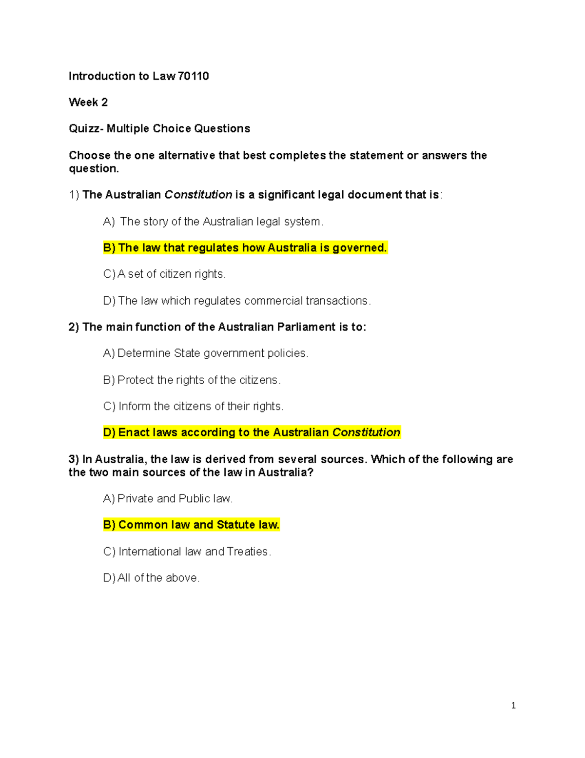 Week 2 Quiz: Questions and Answers - Introduction to Law 70110 Week 2 ...
