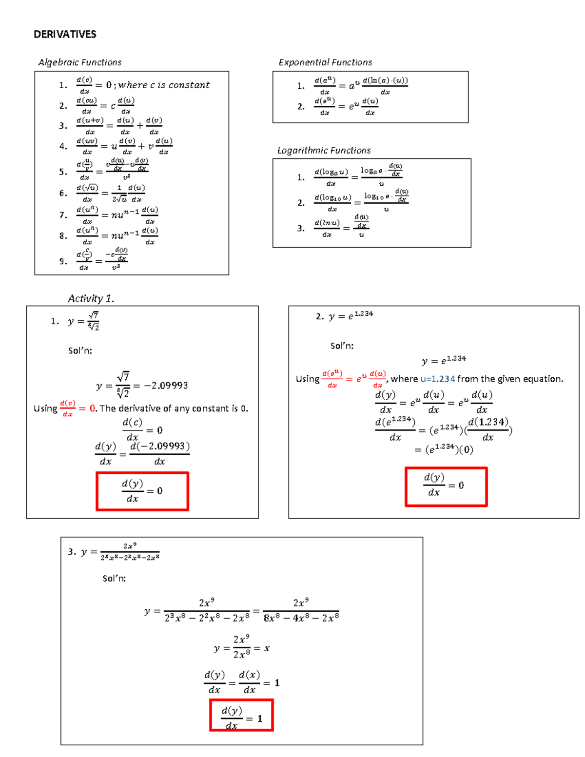 Derivative-Pre Calculus Exercises - DERIVATIVES Algebraic Functions Exponential Functions - Studocu