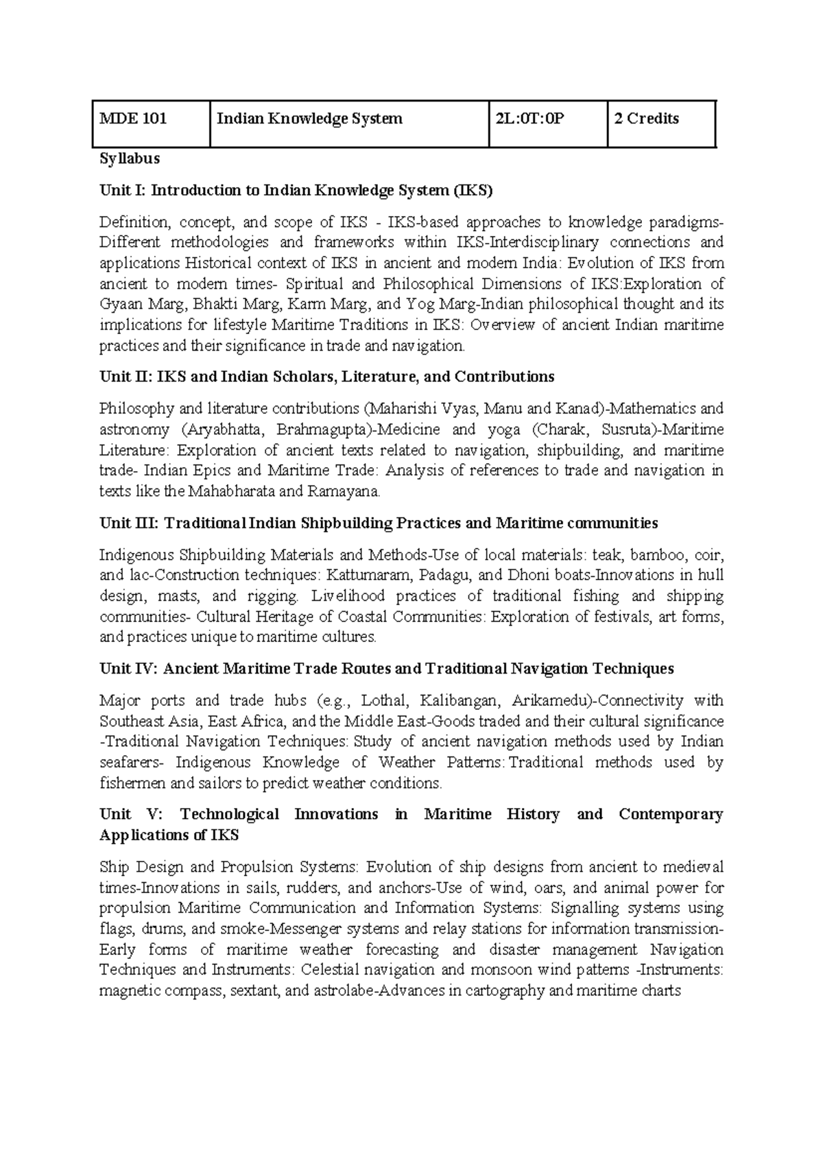 Indian knowledge system syllabus - MDE 101 Indian Knowledge System 2L ...