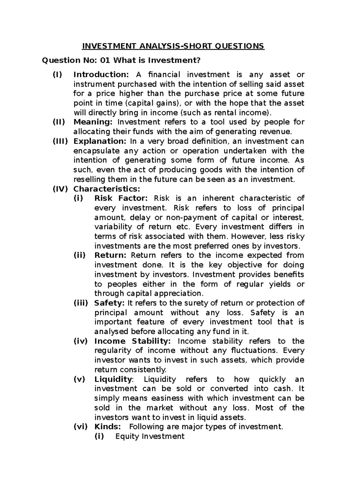 Investment Analysis Short Questions - INVESTMENT ANALYSIS-SHORT ...