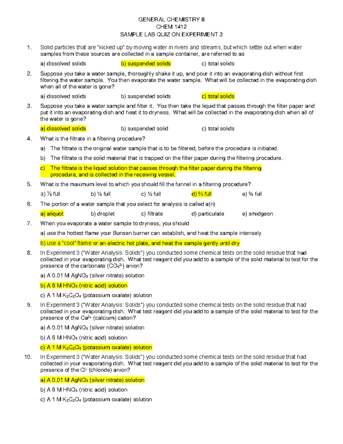 Sample Lab Quiz on Expt 3 - With Answers-2 - GENERAL CHEMISTRY II CHEM ...
