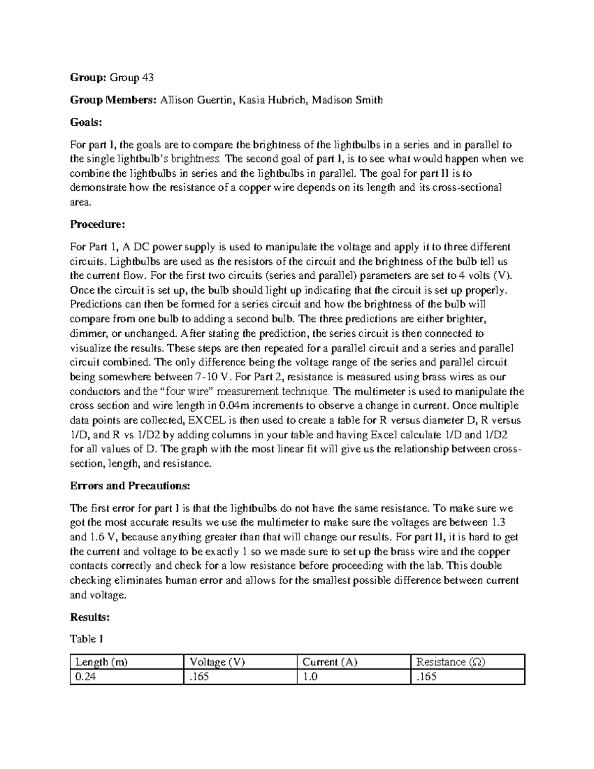 Physics 2 lab report 4 - Group: Group 43 Group Members: Allison Guertin, Kasia Hubrich, Madison ...