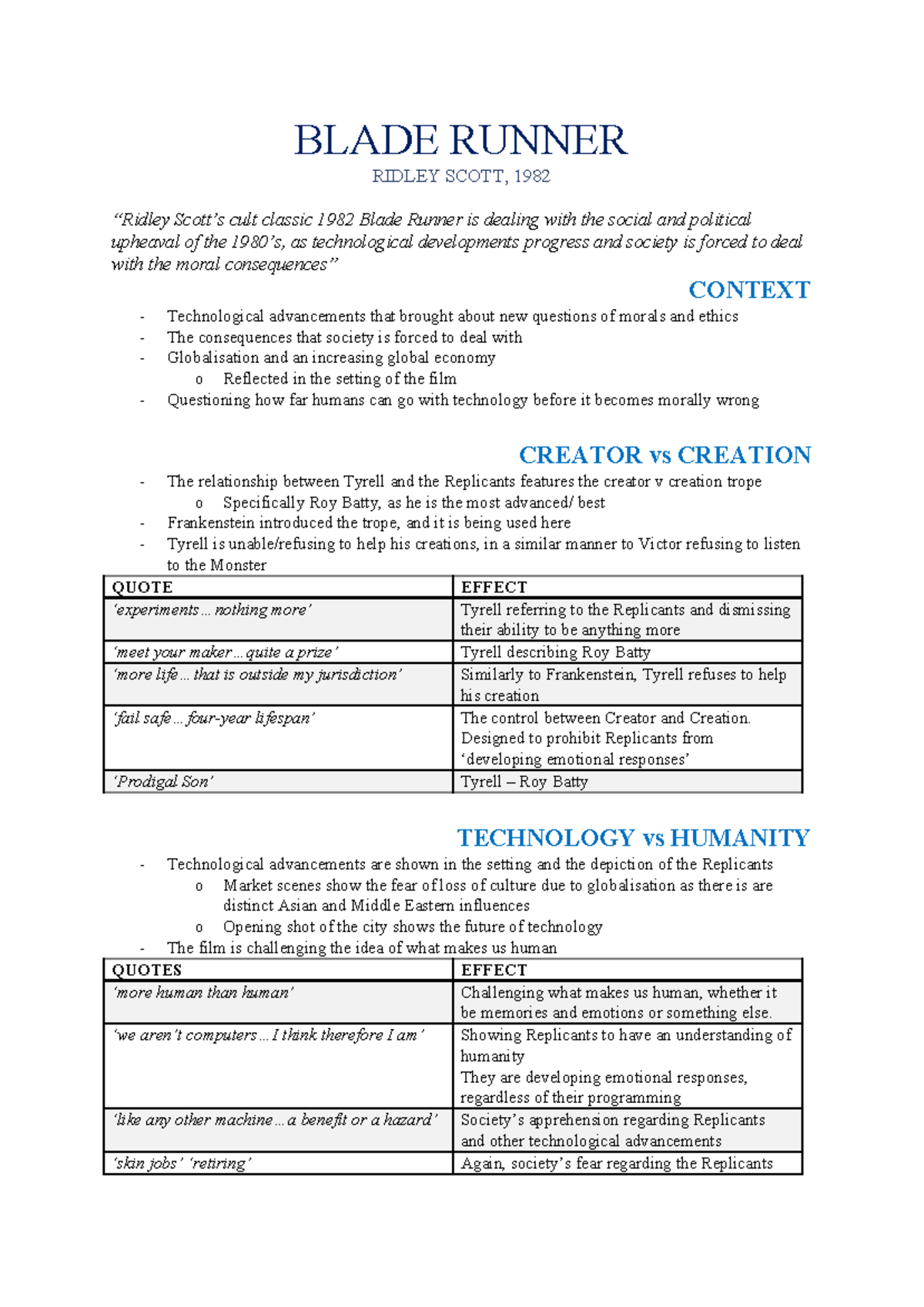 2020 EXT Blade Runner Notes - BLADE RUNNER RIDLEY SCOTT, 1982 “Ridley ...